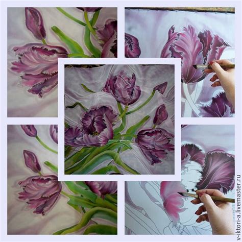 Платок батик шёлковый Шёлковый платок Платок туаль Тюльпаны розовые в интернет магазине на