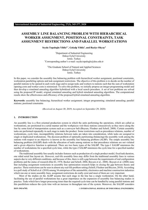 Pdf Assembly Line Balancing Problem With Hierarchical Worker Assignment Positional