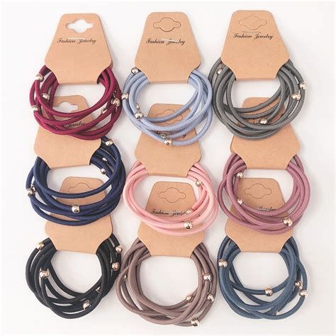 3 Set Simple Colorful Hair Ties With Gold Beads 6 Piece Set Mix C