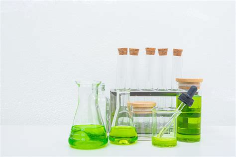 삼각 플라스크와 둥근 연단으로 장식된 물과 Centella Asiatica가 들어 있는 유리 비커 0명에 대한 스톡 사진 및 기타 이미지 Istock