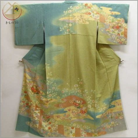 Yahooオークション 着物10 1円 絹 訪問着 金駒刺繍 団扇 菊 橘 菖