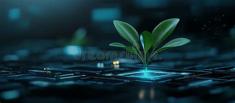 A Futuristic Digital Concept Featuring A Green Plant Sprouting From A Circuit Board Symbolizing