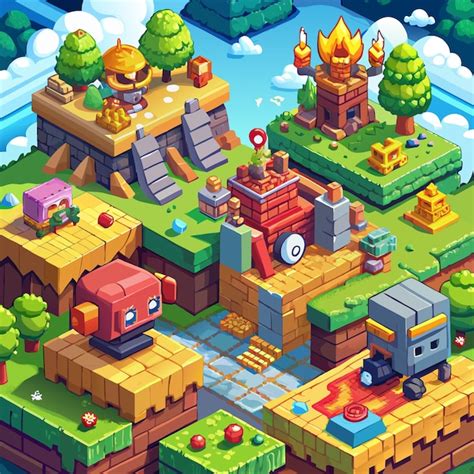 A Colorful Isometric View Of A Pixelated Landscape With Different Platforms And Structures