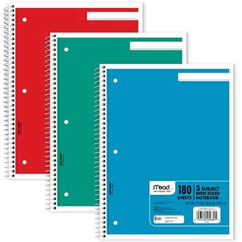 Spiral Notebook 5 Subject Wide Ruled Pens Etc