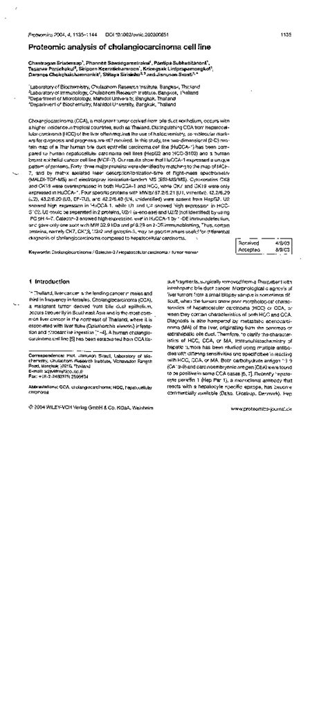 Pdf Proteomic Analysis Of Cholangiocarcinoma Cell Line
