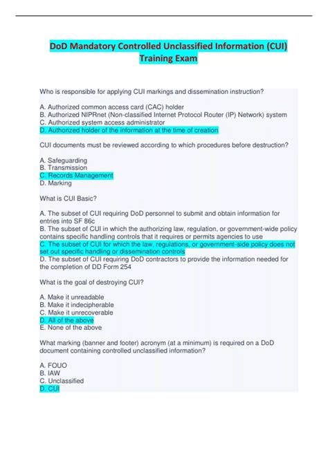 Dod Mandatory Controlled Unclassified Information Cui Training Exam