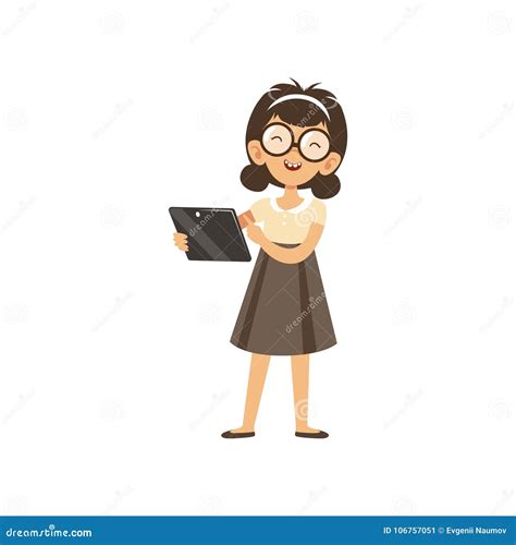 Portrait Of Nerd Girl With Cheerful Face Expression Cartoon Female