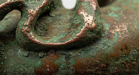 Close Up View Of Aged Bronze Metal With Green Patina And Rough Texture