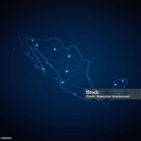 멕시코의 추상 Wireframe 메쉬 다각형 지도 와 빛 와 도시 통하고 있는 진한 파란색 배경 벡터 일러스트 레이 션 Eps10 멕시코에 대한 스톡 벡터 아트 및 기타