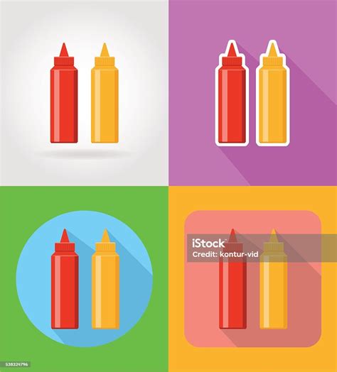 머스터드와 케첩 신선하게 요리한 패티의 마술을 머스타드 즉석식 평편 아이콘 있는 그림자 0명에 대한 스톡 벡터 아트 및 기타 이미지 0명 굽기 노랑 Istock