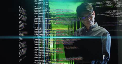 Working On Laptop Man In Server Room With Coding Image Over Green Light Stock Image Image Of