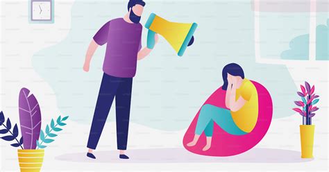 가족 간의 다툼 남자와 여자의 논쟁 남편은 아내에게 비명을 지르고 여자는 운다 사람들 사이의 유독한 관계 학대 개념 트렌디한 스타일의 인물 플랫 벡터 그림 사진