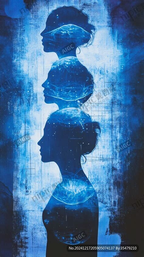 Ai创作图创意美女剪影整形 多重曝光技法 数字超现实主义 男女抽象图形 创意人像作品 几个人影 人像投影 人物投影 人物剪影装饰画 蓝灰创意海报 人体轮廓打印墙 朦胧的女人线条 酷炫海报创意