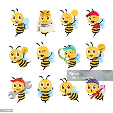 다른 포즈로 설정된 플랫 디자인 만화 귀여운 꿀벌 캐릭터의 컬렉션 꿀벌은 다른 항목과 다른 행동을 보유하고 있습니다 벡터 꿀벌 마스코트 세트 벌에 대한 스톡 벡터 아트 및