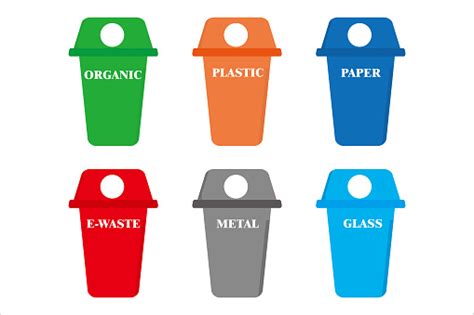 폐기물 재활용 유기물 플라스틱 종이 전자 폐기물 금속 유리용 용기 0명에 대한 스톡 벡터 아트 및 기타 이미지 0명 개념
