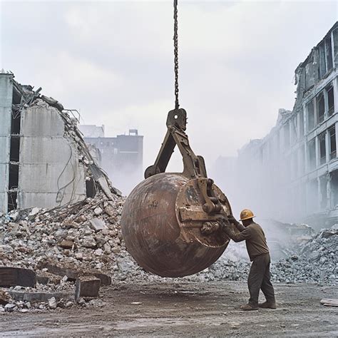 Worker Using A Wrecking Ball Or Similar Heavy Equipment For Largescale Demolition Premium Ai