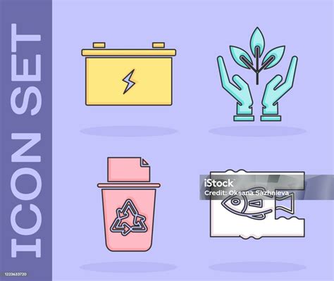 설정 바다 플라스틱 오염 자동차 배터리 환경 보호 아이콘의 손에 재활용 기호와 식물 휴지통을 중지합니다 벡터 다중 색상에 대한 스톡 벡터 아트 및 기타 이미지 Istock