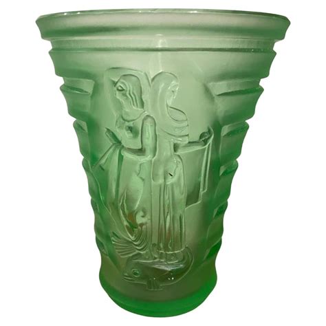 Art Deco Carved Green Glass Vase With Woman And Birds For Sale At 1stdibs