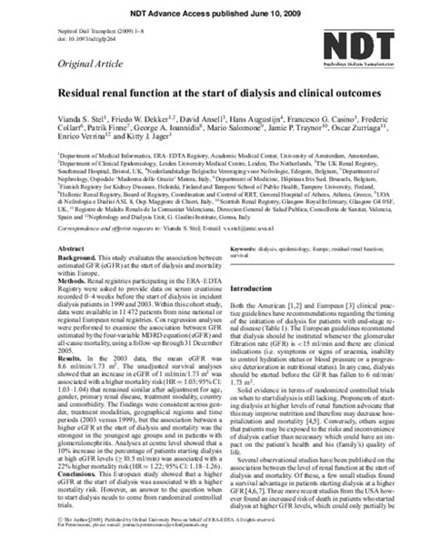 Pdf Residual Renal Function At The Start Of Dialysis And Clinical