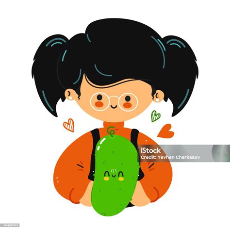 젊은 귀여운 재미 있는 여자는 손에 오이를 들고 있습니다 소녀는 귀여운 오이를 껴안는다 벡터 손으로 그린 낙서 스타일 만화 캐릭터 그림 아이콘 디자인 흰색 배경에 격리