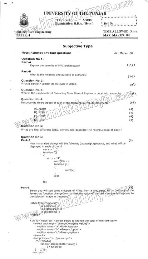 Past Paper Bba 3rd Year Punjab University Web Engineering 2nd Paper Subjective 2015