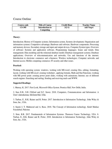 Course Outline Course Code Title Of Course Credit Hour Teacher Name Cs 305 Introduction To