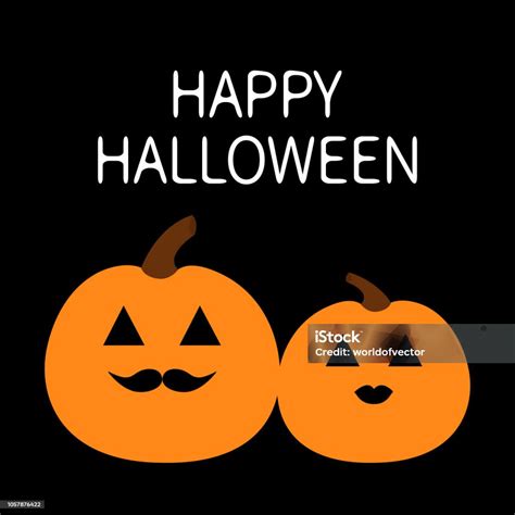 해피 할로윈 호박 가족 사랑 부부입니다 재미 있는 소 름 웃는 얼굴 입술과 수염 귀여운 만화 아기 캐릭터입니다 인사말 카드입니다 흰색 배경입니다 격리 평면 디자인입니다 0