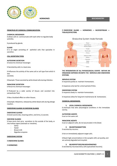 Biochem Hormones Notes And Summaries With Descriptions And Example Principles Of Chemical