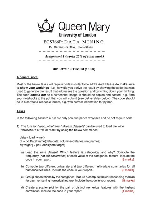 Data Mining Assignment 1 ECS766P D A T A M I N I N G Dr Dimitrios