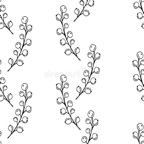 Hand Drawing Sketching Seamless Pattern With Vector Black Branches With Leaves And Berries