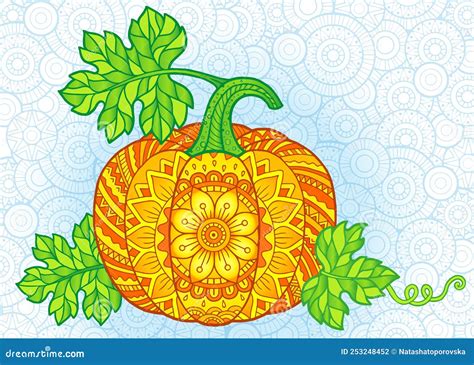 Vector Illustration Bright Halloween Pumpkins In Mandala Style With