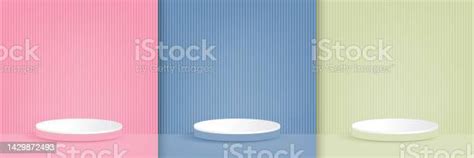 파란색 분홍색 녹색 실린더 받침대 연단 디스플레이 빈 방 배경 세트 추상적인 현대 벡터 렌더링 3d 모양 제품 디스플레이 프리젠 테이션 파스텔 최소 벽 장면 스튜디오 룸