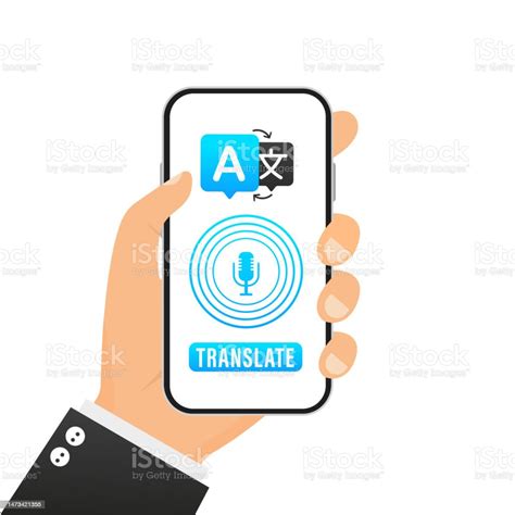 전화의 오디오 번역기 모바일 앱 모바일 번역 응용 프로그램의 채팅 메시지 다른 언어 번역 아이콘이있는 채팅 거품 다국어 온라인 번역기 벡터 그림 Brand Name