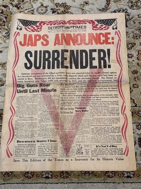 Wwii Vtg 1945 Newspaper Japs Announcesurrender” August 14 1945