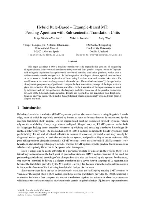 Pdf Hybrid Rule Based Example Based Mt Feeding Apertium With Sub