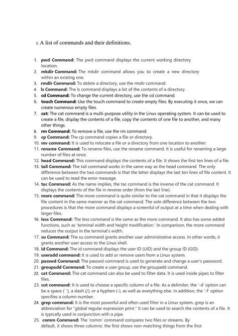 Pca1 Operating Systems Lab 19 1 A List Of Commands And Their Definitions 1 Pwd Command The