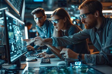 Collaborative Tech Team Analyzing Data On Computer Screens Premium Ai