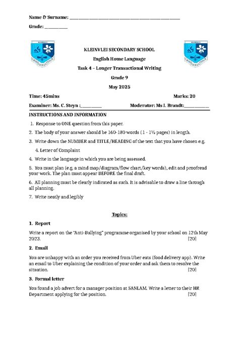 Task 4 Grade 9 Hl Longer Transactional Writing Instructions And Topics