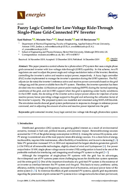 Pdf Fuzzy Logic Control For Low Voltage Ride Through Single Phase Grid Connected Pv Inverter
