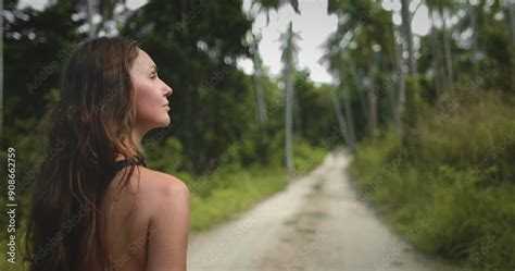 Beautiful Long Hair Woman Leisurely Strolling Jungle Pam Tree Forest