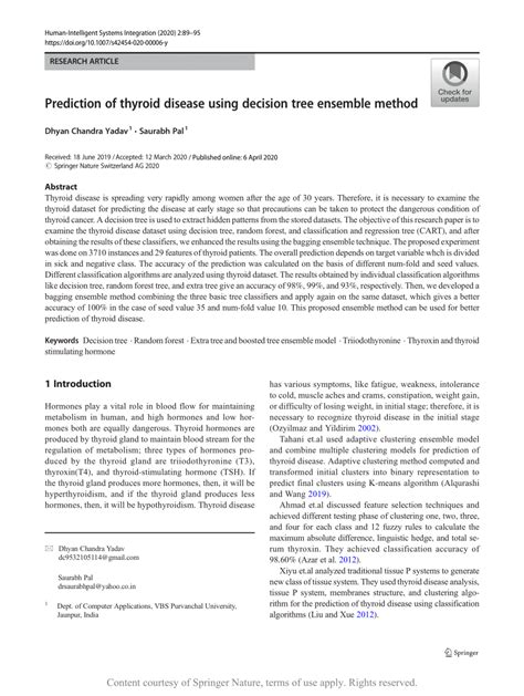 Prediction Of Thyroid Disease Using Decision Tree Ensemble Method Request Pdf