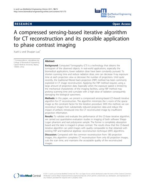 Pdf A Compressed Sensing Based Iterative Algorithm For Ct