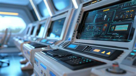 Futuristic Control Room Features Advanced Monitoring Stations With Multiple Screens Displaying