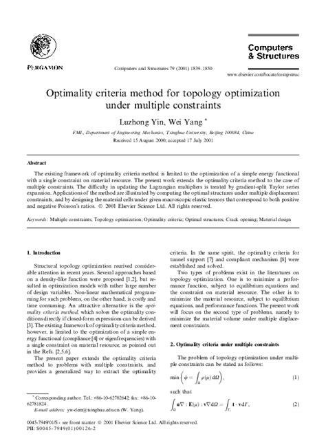Pdf Optimality Criteria Method For Topology Optimization Under Multiple Constraints