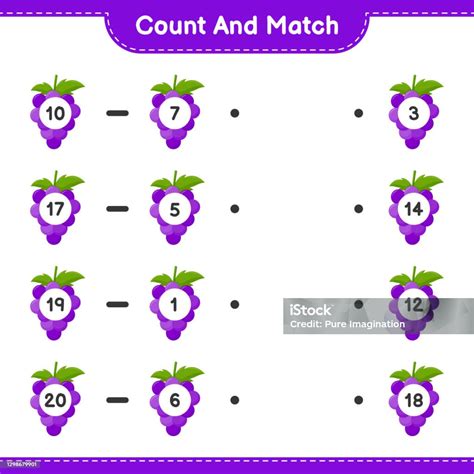 카운트 앤 매치 포도 의 수를 계산하고 오른쪽 숫자와 일치합니다 교육 어린이 게임 인쇄 워크 시트 벡터 일러스트레이션 0명에 대한 스톡 벡터 아트 및 기타 이미지 Istock