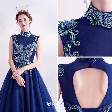 Vintage Retro Royal Blue Prom Dresses 2020 A Line Princess High Neck Sequins Rhinestone Lace