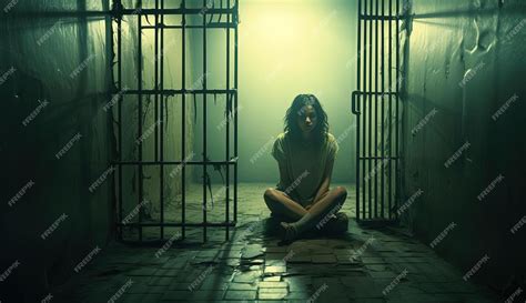Premium Ai Image A Woman Is Sitting In An Empty Cell In The Style Of Halloween