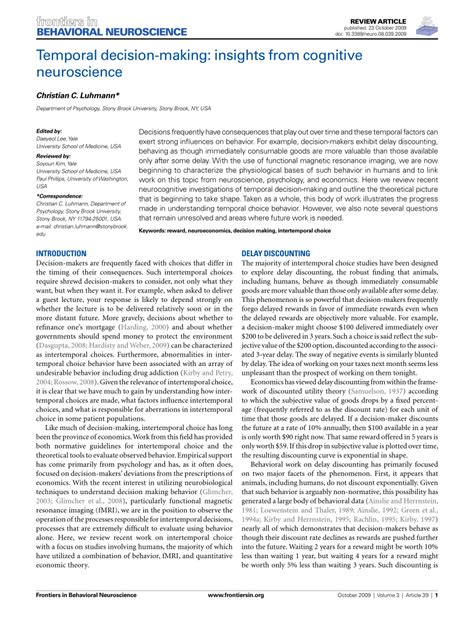 Pdf Temporal Decision Making Insights From Cognitive Neuroscience