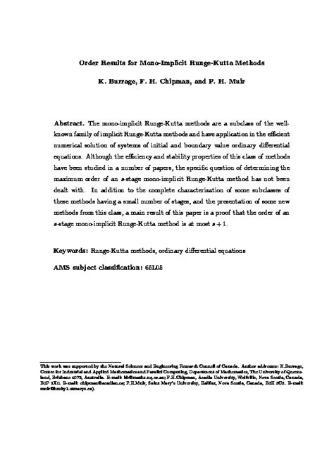 Pdf Order Results For Mono Implicit Runge Kutta Methods