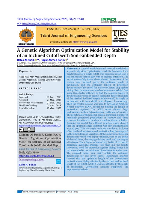 Pdf Citation Al Suhili R Karim Ra A Genetic Algorithm Optimization